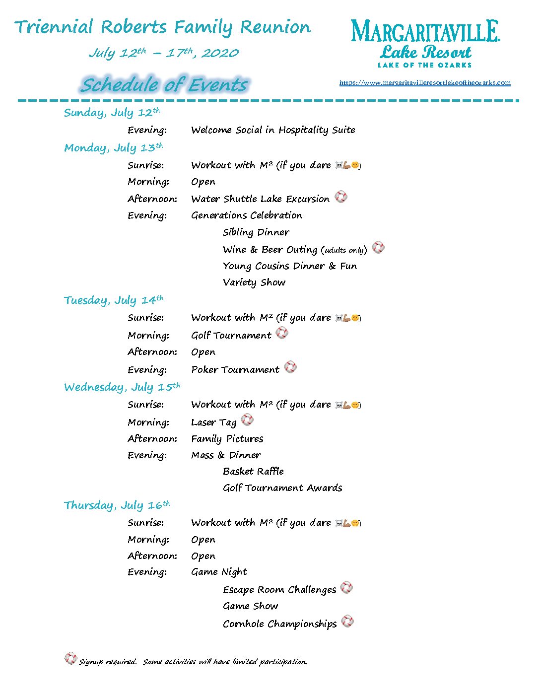 Schedule of Events – The Roberts Family